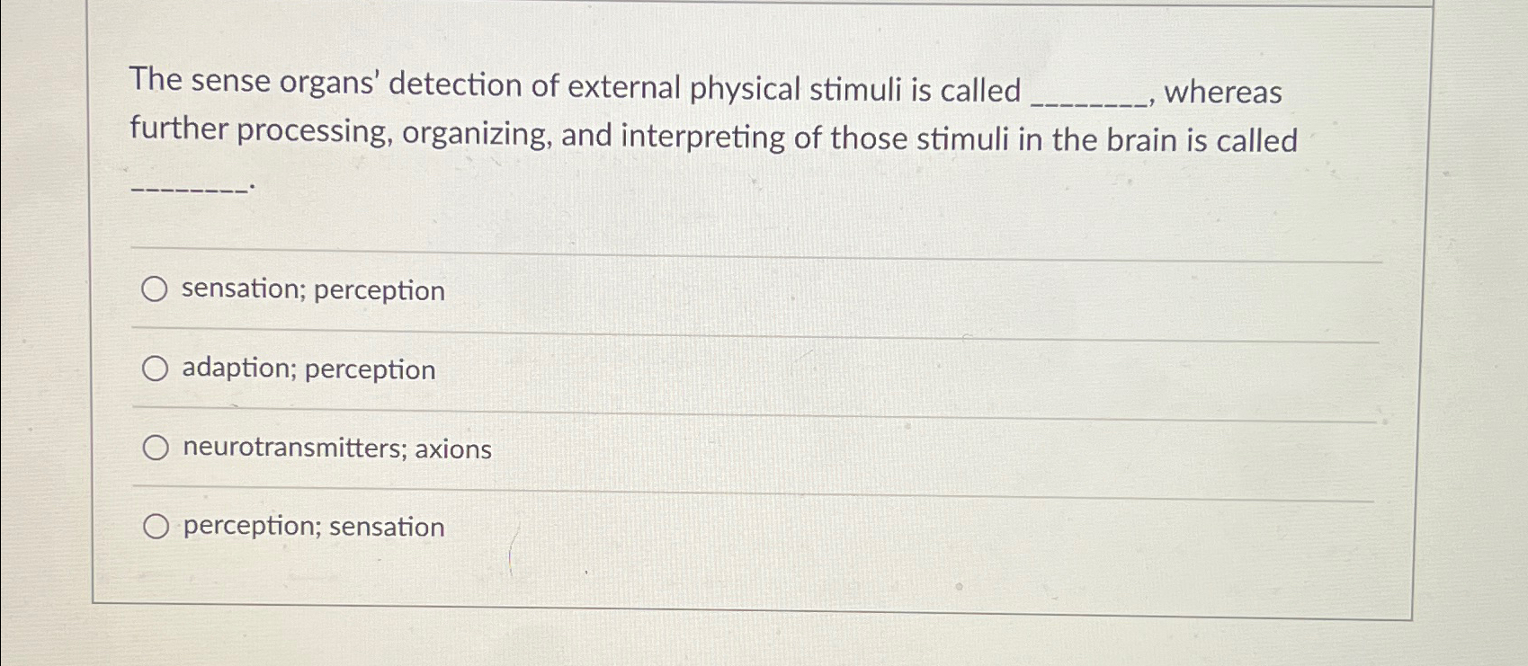 Solved The sense organs' detection of external physical | Chegg.com