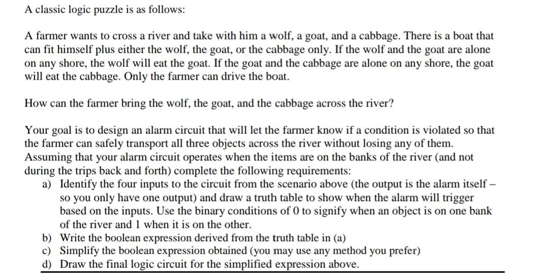 Solved A classic logic puzzle is as follows: A farmer wants | Chegg.com