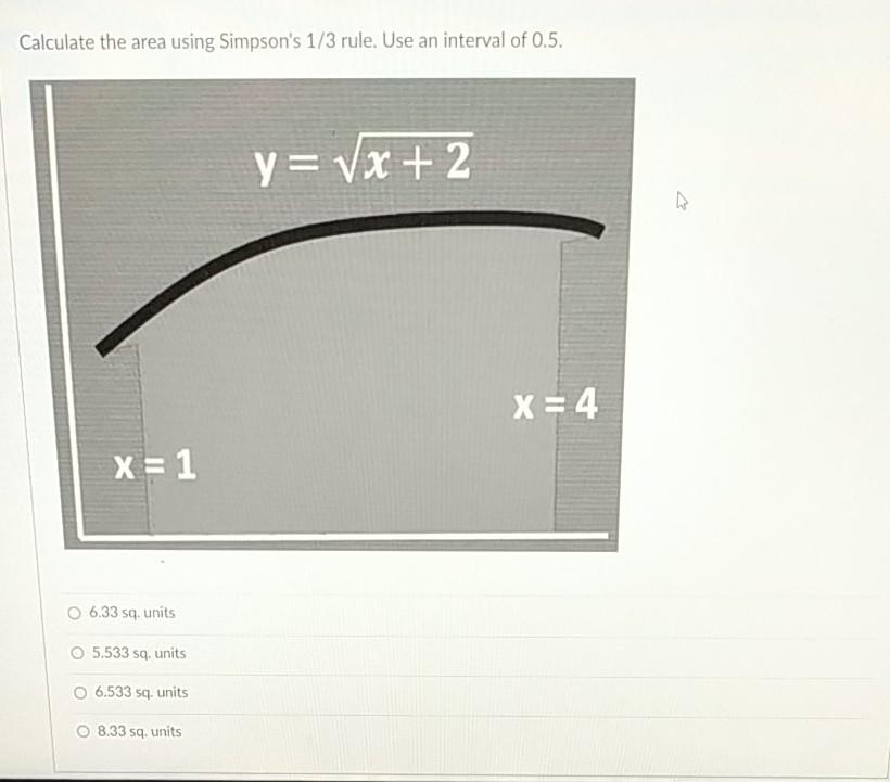 Solved Calculate the area using Simpson's 1/3 rule. Use an | Chegg.com