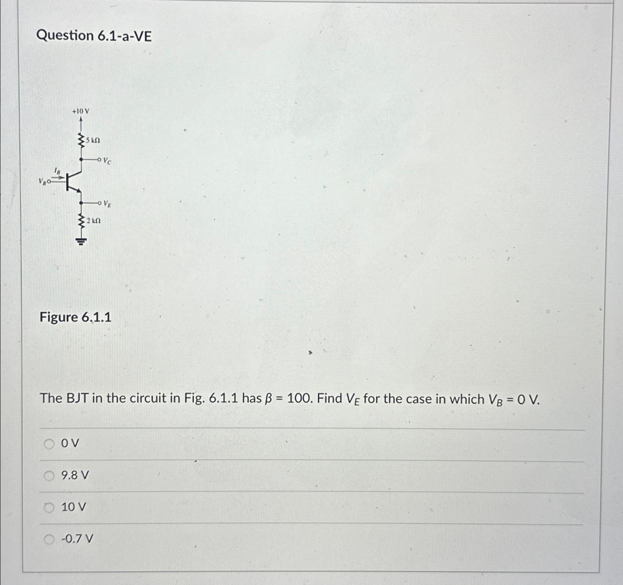 Solved Question 6.1-a-VE\\nFigure 6.1.1\\nThe BJT in the | Chegg.com