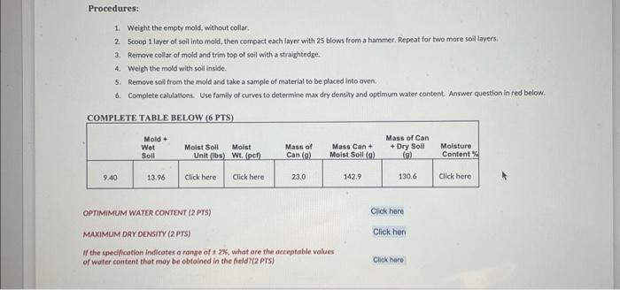 Solved Procedures: 1. Weight the empty mold, without collar. | Chegg.com