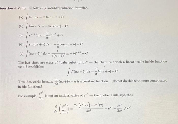 Solved Question 4 Verify the following antidifferentiation | Chegg.com