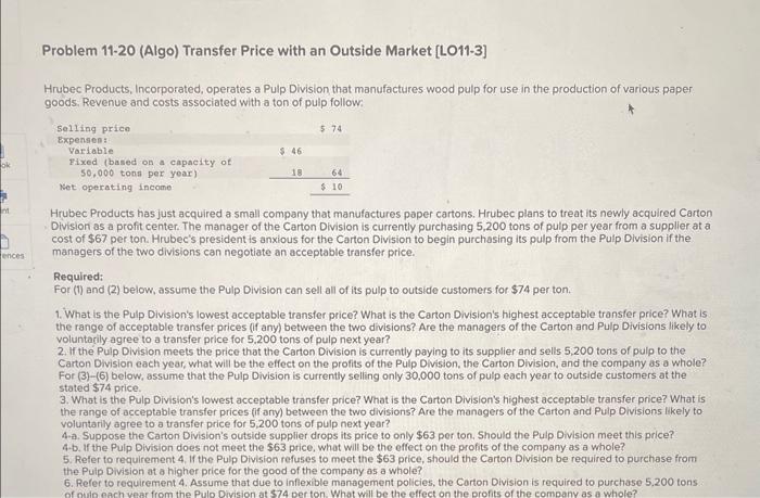 Solved Problem 11-20 (Algo) Transfer Price with an Outside | Chegg.com