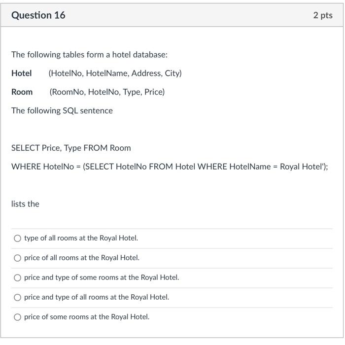 Solved Question 16 2 pts The following tables form a hotel | Chegg.com