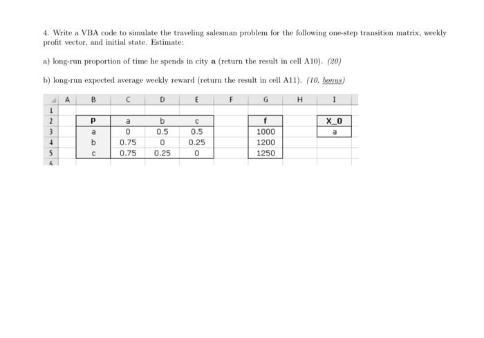4. Write a VBA code to simulate the traveling | Chegg.com