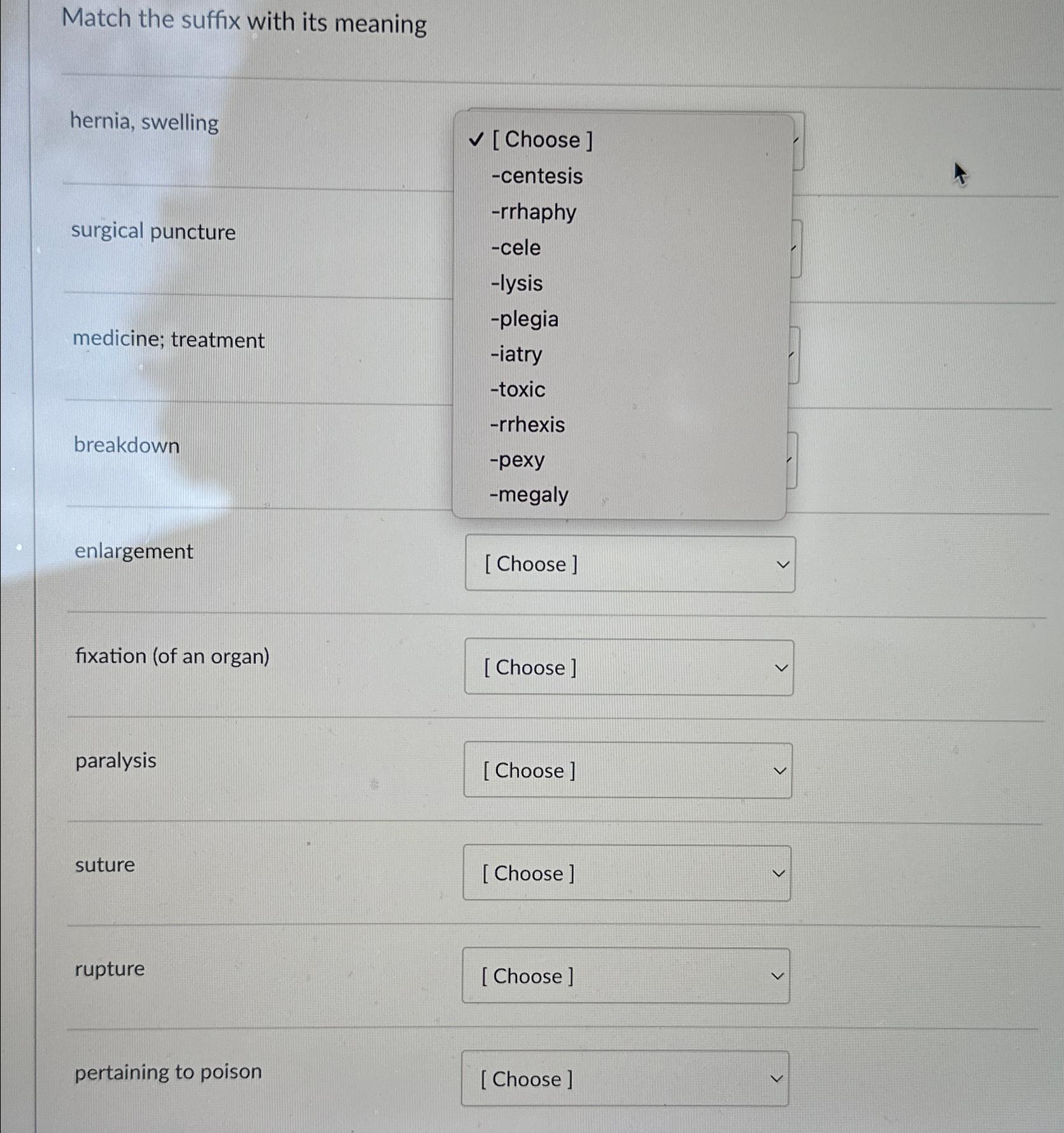 Solved Match the suffix with its meaninghernia, | Chegg.com