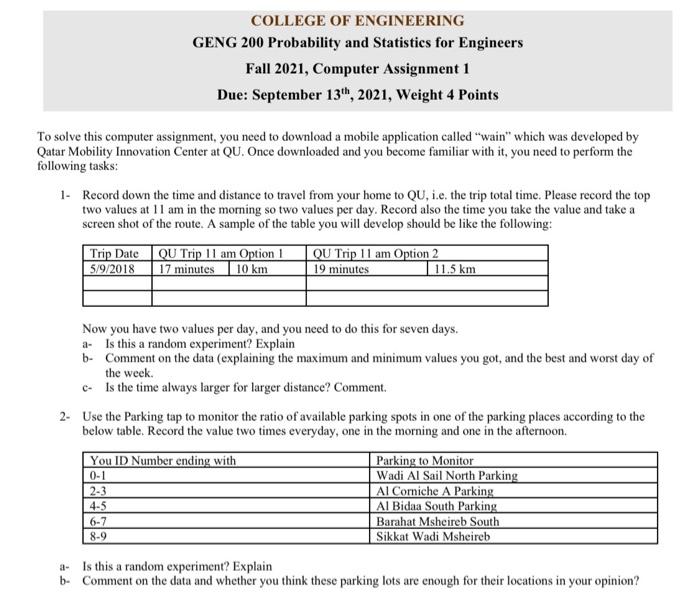 COLLEGE OF ENGINEERING GENG 200 Probability and | Chegg.com