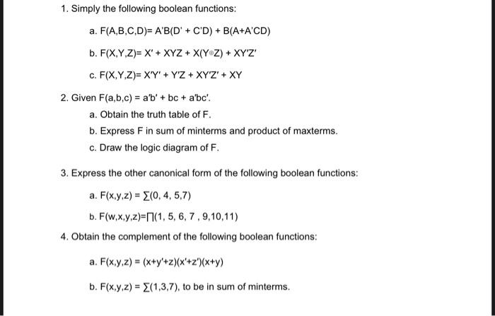 Solved 1. Simply the following boolean functions: a. | Chegg.com