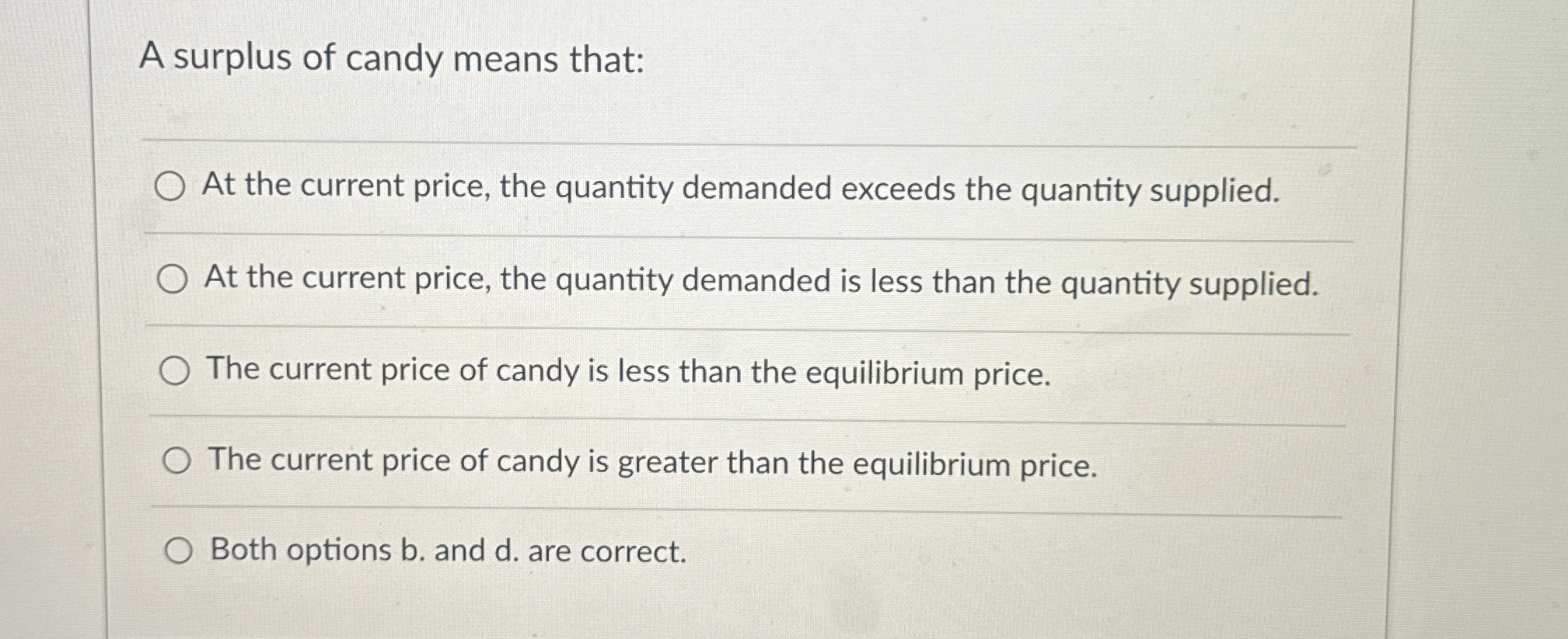 Solved A surplus of candy means that:At the current price, | Chegg.com