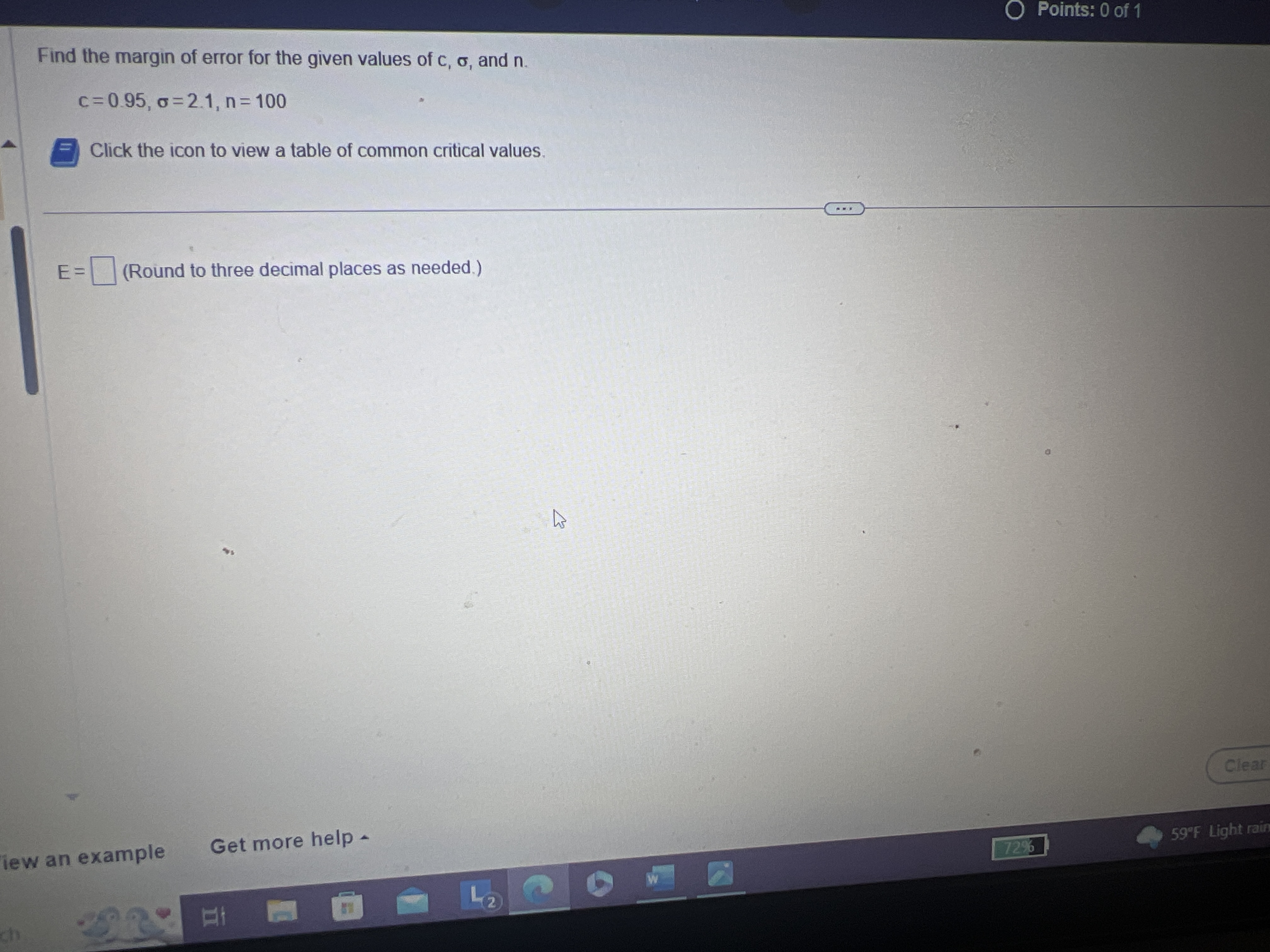 Solved Find the margin of error for the given values of c,σ, | Chegg.com