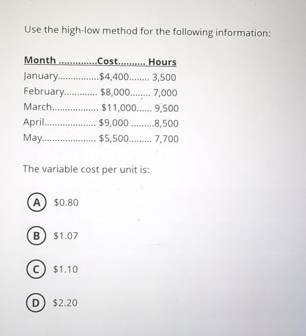 Solved Use the high-low method for the following | Chegg.com
