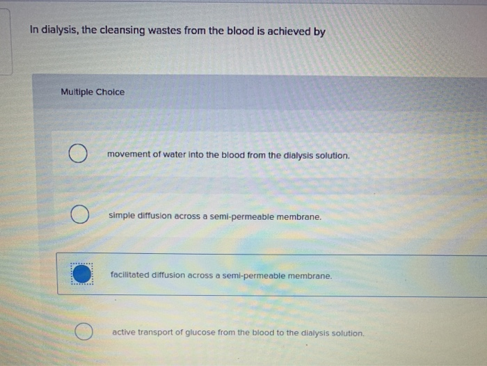 Solved In dialysis, the cleansing wastes from the blood is | Chegg.com