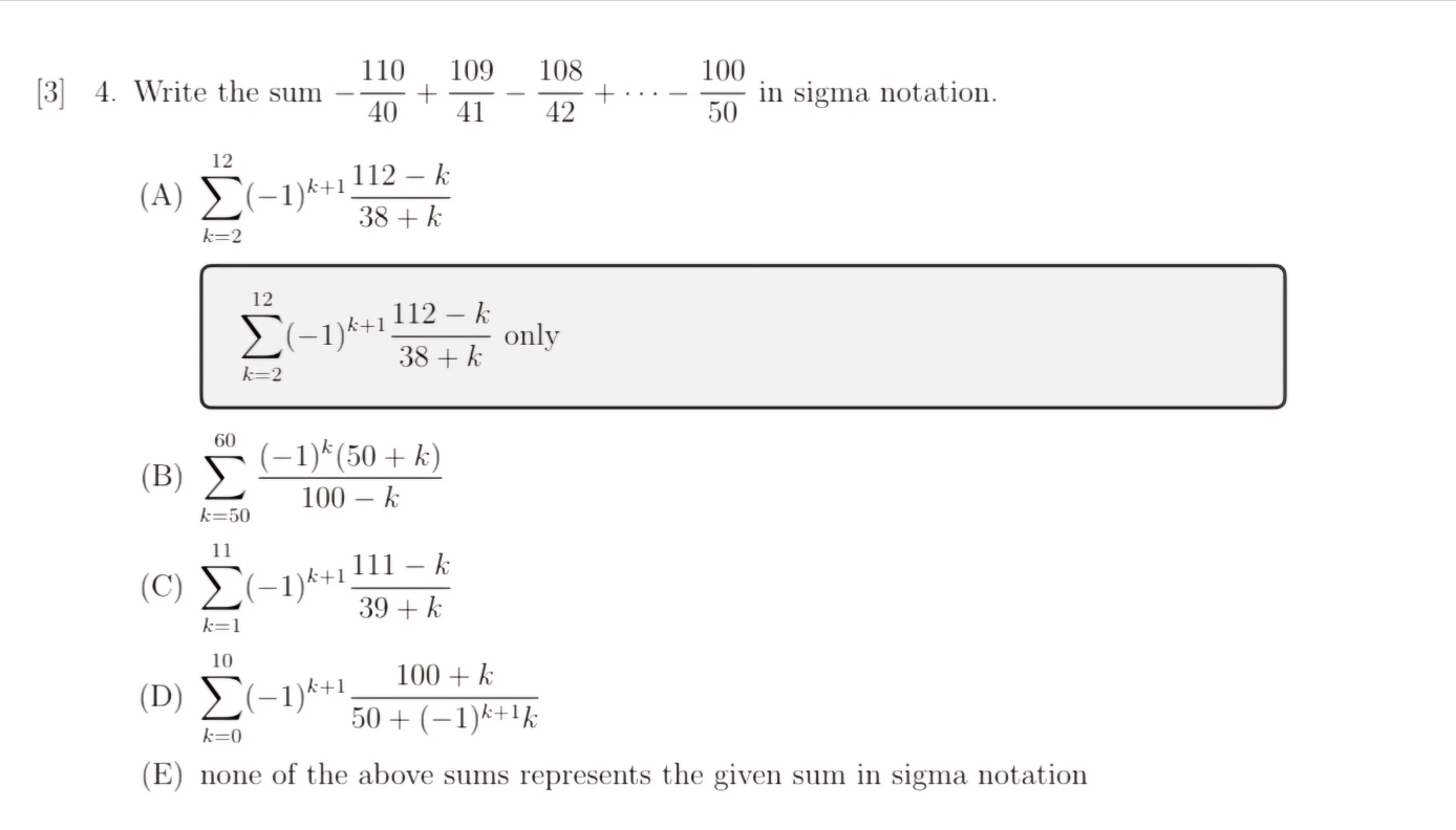 Solved [3] 4. ﻿Write the sum -11040+10941-10842+cdots-10050 | Chegg.com