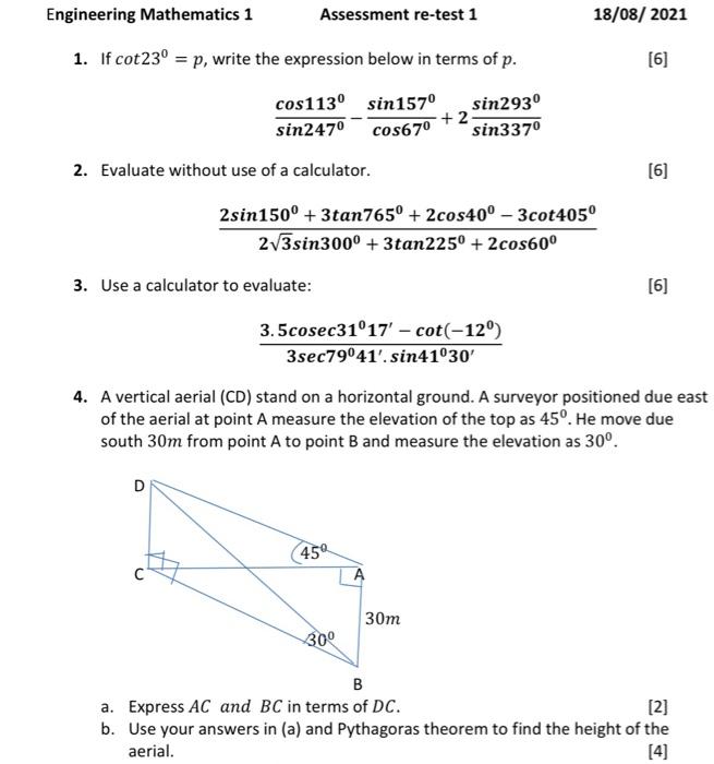 Solved Engineering Mathematics 1 Assessment re-test 1 18/08/ | Chegg.com