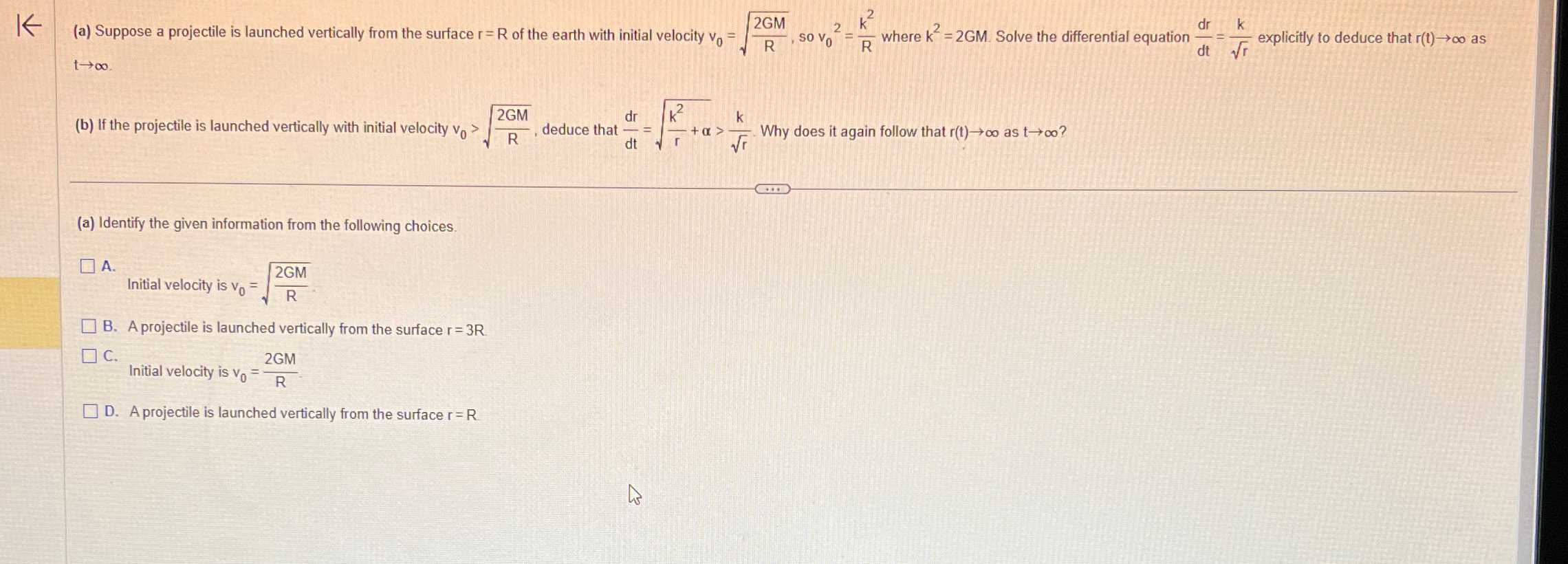 Solved t→∞.(b) ﻿If the projectile is launched vertically | Chegg.com