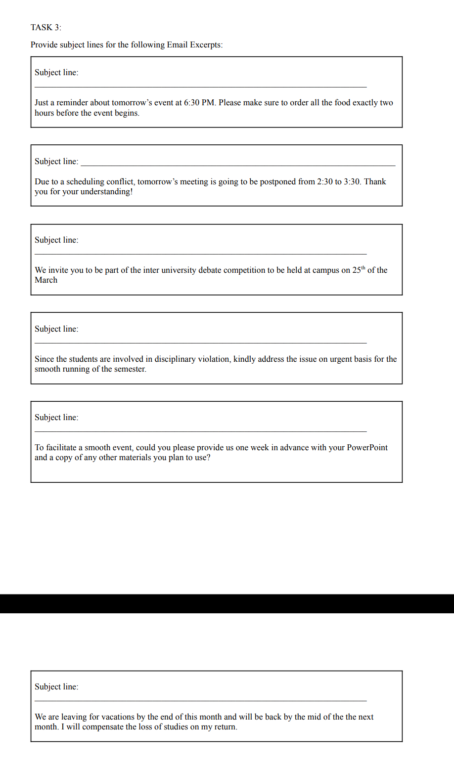 Solved TASK 3:Provide subject lines for the following Email | Chegg.com