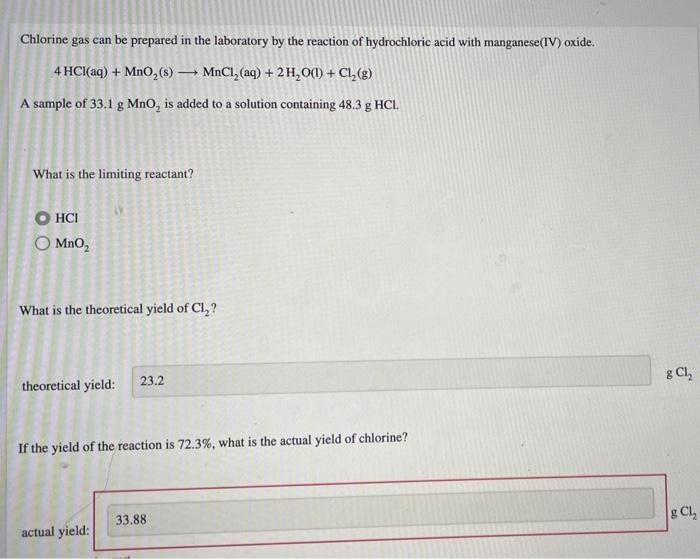 Solved Chlorine gas can be prepared in the laboratory by the | Chegg.com