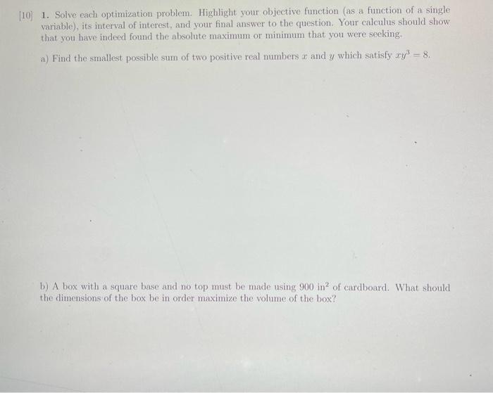 Solved [10] 1. Solve each optimization problem. Highlight | Chegg.com