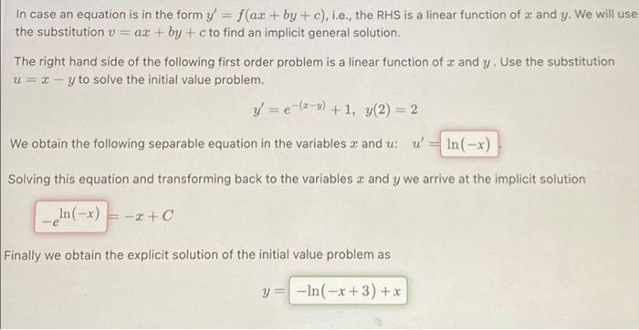 Solved In case an equation is in the form y' = f(ax +by+c), | Chegg.com