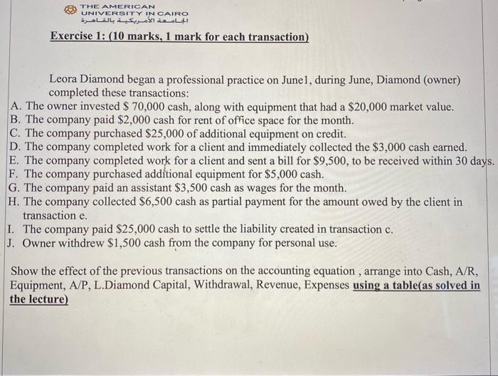 Solved Exercise 1: (10 marks, 1 mark for each transaction) | Chegg.com