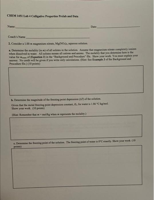 Solved CHEM 1451 Lab 4 Colligative Properties Prelab and | Chegg.com