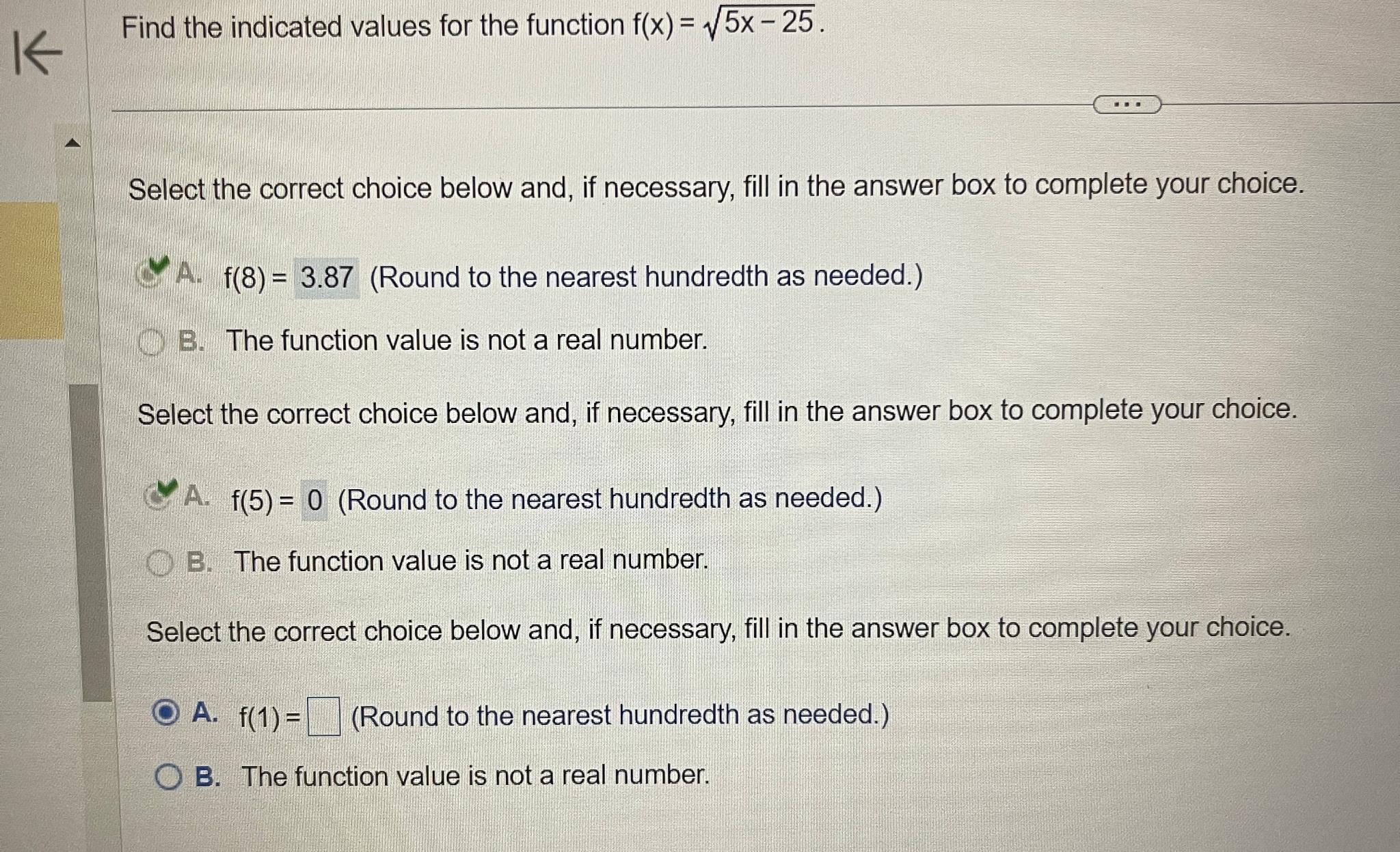 Solved Find the indicated values for the function | Chegg.com