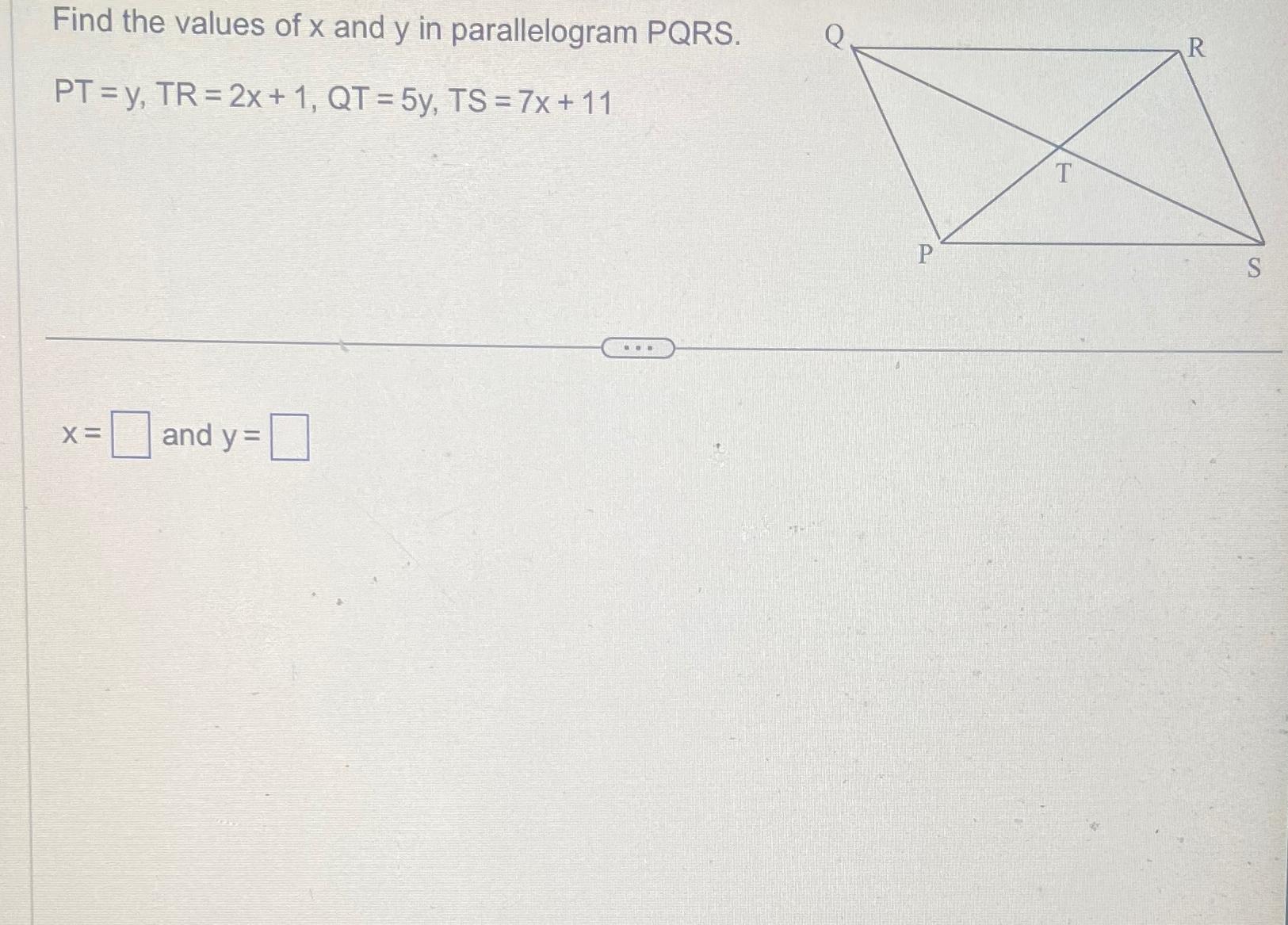 Solved Find the values of x ﻿and y ﻿in parallelogram | Chegg.com