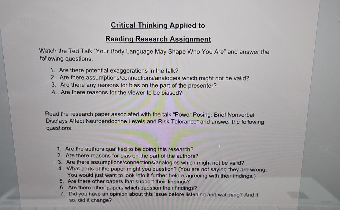 Critical Thinking Applied toReading Research | Chegg.com