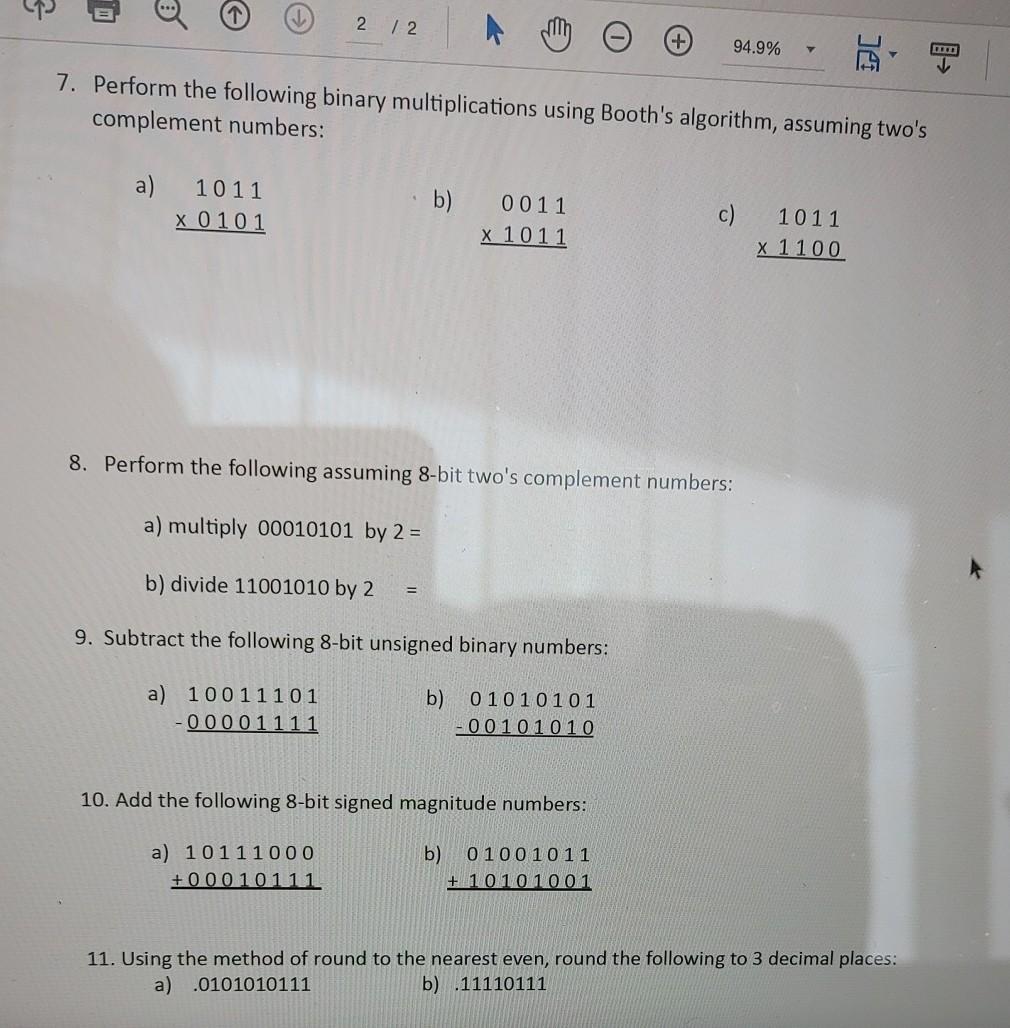 Solved e © 2 12 + 94.9% 7. Perform the following binary | Chegg.com