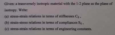 Solved Given: a transversely isotropic material with the 1-2 | Chegg.com