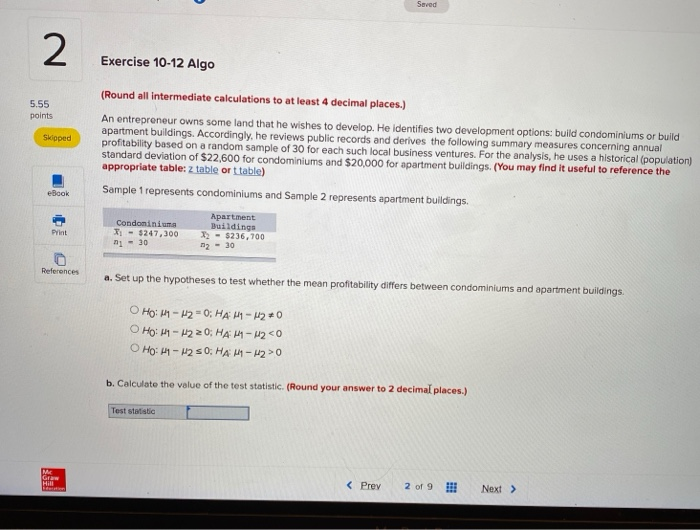 Solved Saved 2 Exercise 10-12 Algo 5.55 points Skloped | Chegg.com