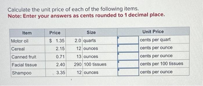 Solved Calculate the unit price of each of the following | Chegg.com