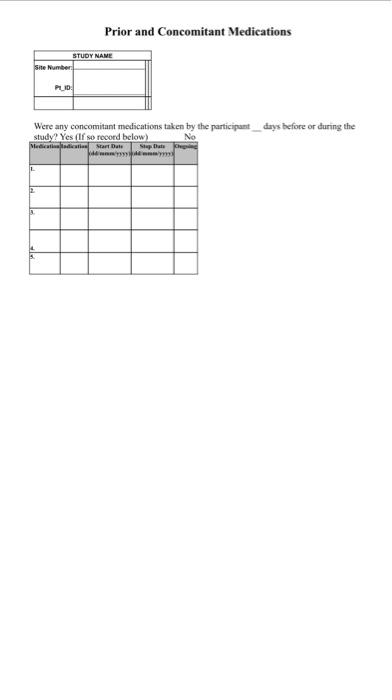 Solved Prior and Concomitant Medications STUDY NAME Site | Chegg.com