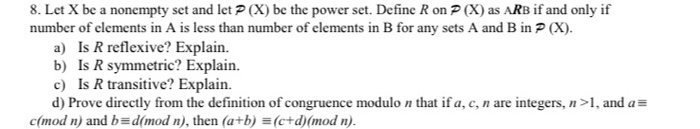 Solved 8. Let X be a nonempty set and let P (X) be the power | Chegg.com