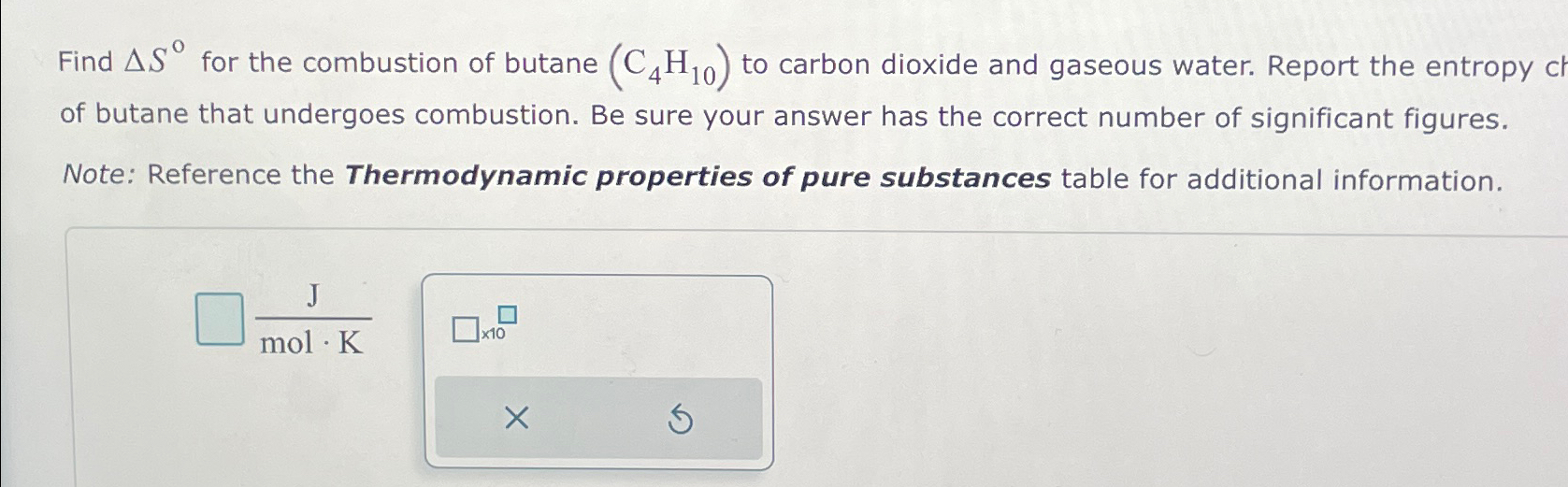 Solved Find ΔS° ﻿for the combustion of butane (C4H10) ﻿to | Chegg.com