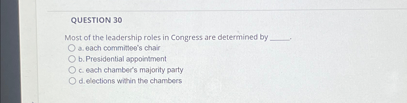 Solved QUESTION 30Most of the leadership roles in Congress | Chegg.com