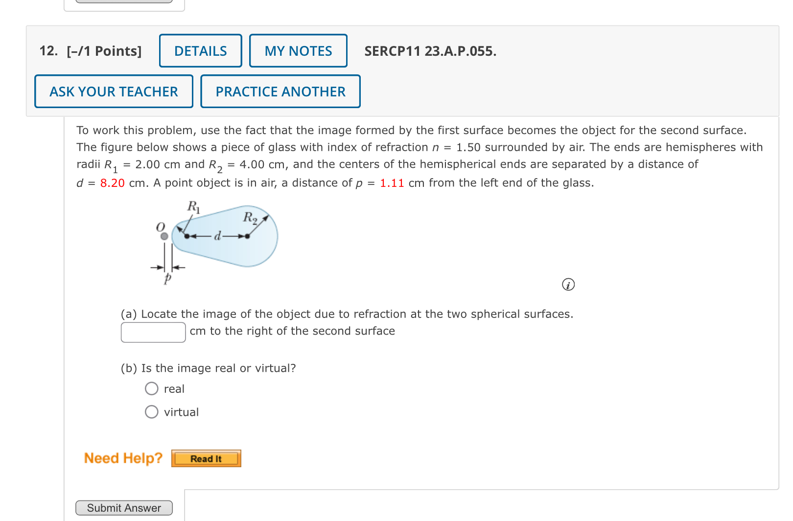 Solved [-/1 ﻿Points]SERCP11 23.A.P.055.To work this problem, | Chegg.com
