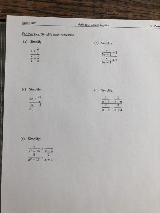 Solved Spring 2021 Math 101: College Algebra Dr. Ower For | Chegg.com