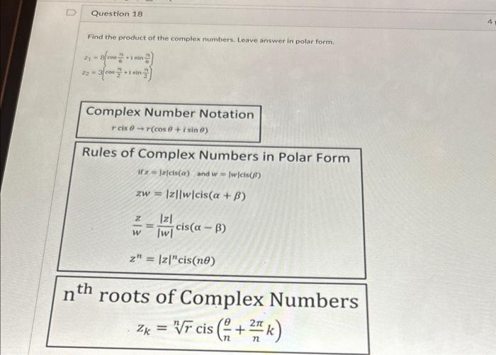 Solved Find the product of the complex numbers. Leave answer | Chegg.com