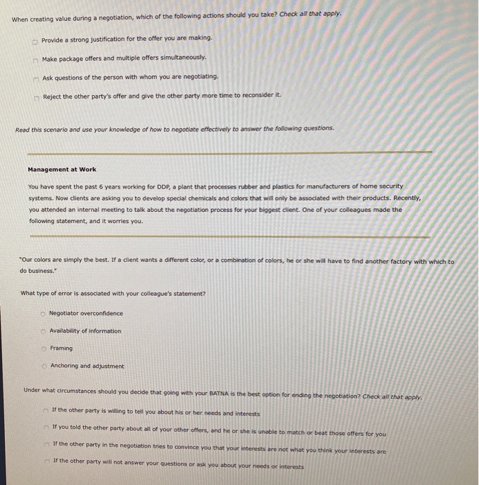 Solved When creating value during a negotiation, which of | Chegg.com