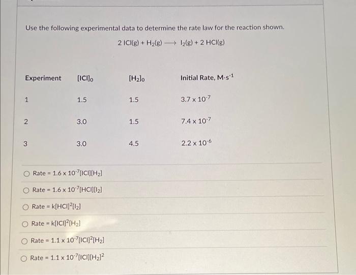 Solved Use the following experimental data to determine the | Chegg.com