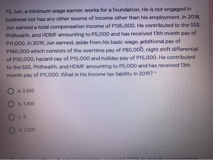73. Jun, a minimum wage earner, works for a | Chegg.com