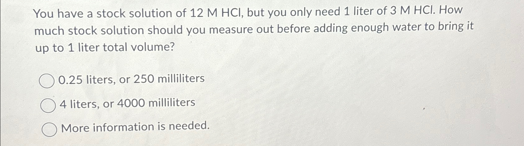 Solved You have a stock solution of 12MHCl, ﻿but you only | Chegg.com