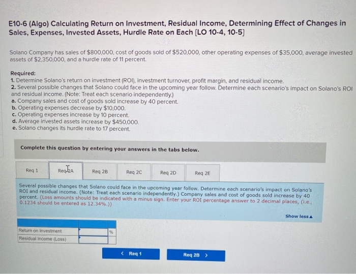 Solved E10-6 (Algo) Calculating Return on Investment, | Chegg.com