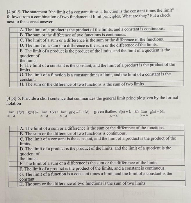 Solved [8 pt] 4. A list of the limit laws is below. For each | Chegg.com