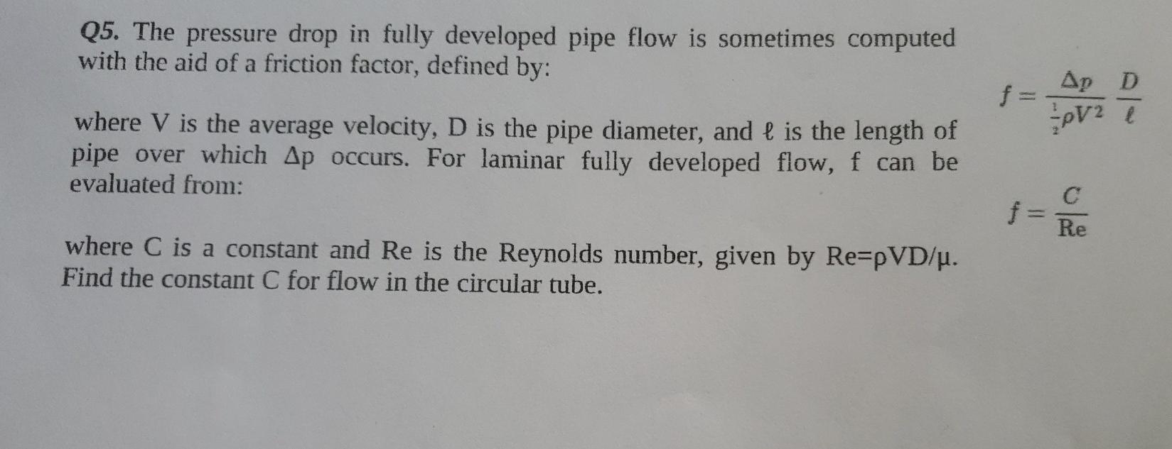 Solved Q5. The pressure drop in fully developed pipe flow is | Chegg.com