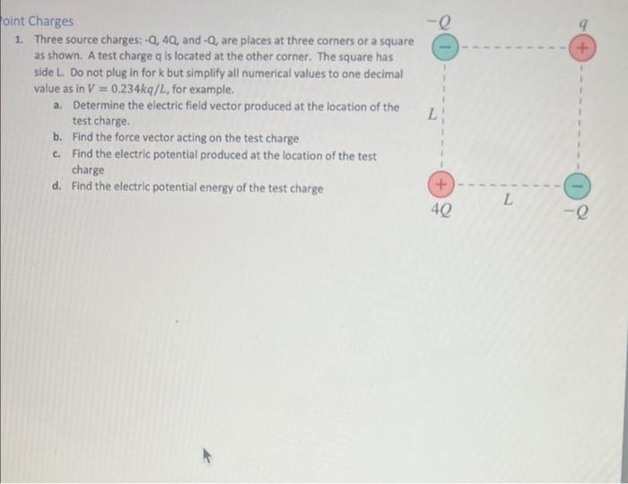 Solved oint Charges 1. Three source charges: -Q, 40, and-Q, | Chegg.com