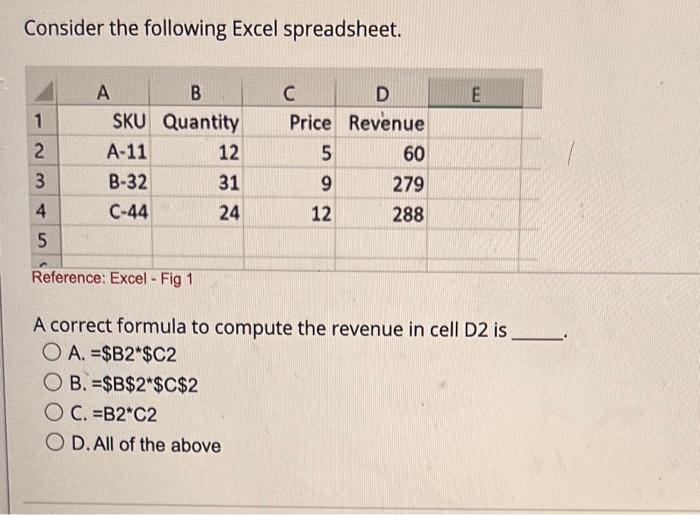 Solved Consider the following Excel spreadsheet. rererence: | Chegg.com