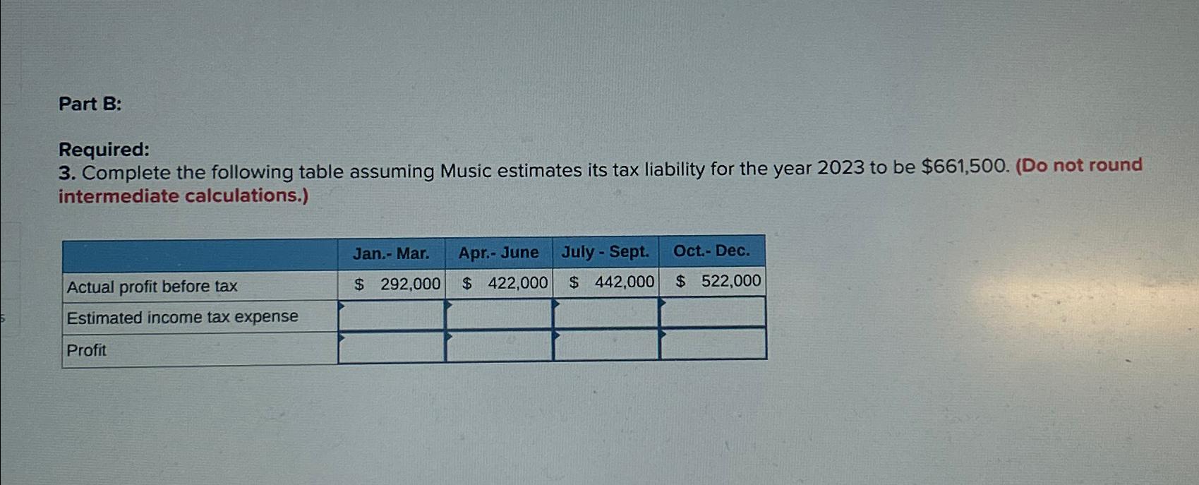 Solved Part B:Required:3. ﻿Complete the following table | Chegg.com