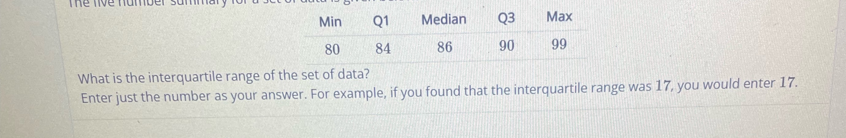 Solved \table[[Min,Q1,Median,Q3,Max],[80,84,86,90,99]]What | Chegg.com
